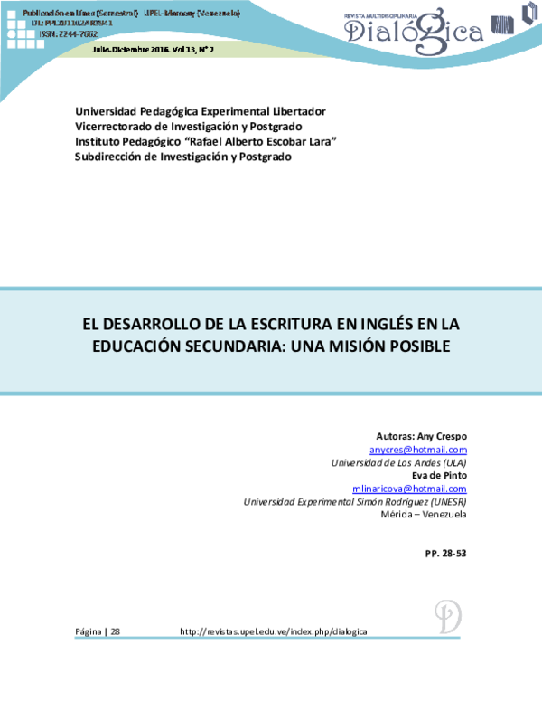 (PDF) El Desarrollo De La Escritura en Inglés en La Educación ...