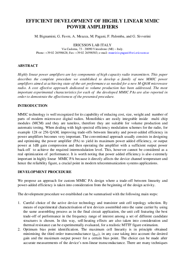 (PDF) Efficient development of highly linear MMIC power amplifiers | Giuseppe Sivverini ...