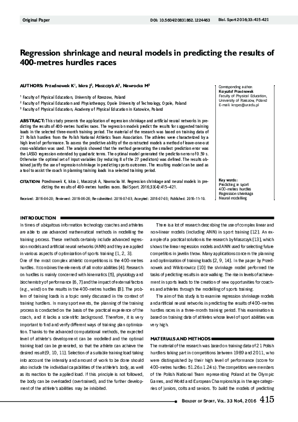 Pdf Regression Shrinkage And Neural Models In Predicting The Results Of 400 Metres Hurdles