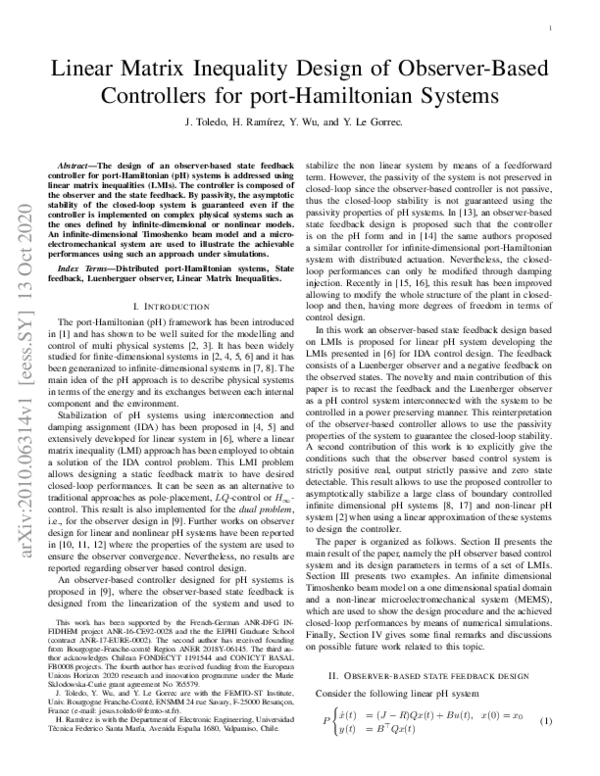 (PDF) Linear Matrix Inequality Design of Observer-Based Controllers for port-Hamiltonian Systems