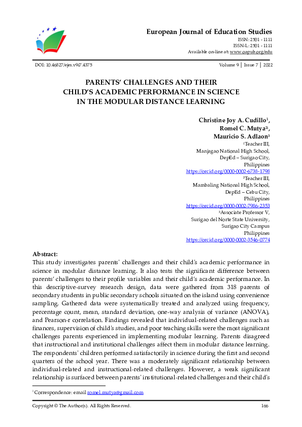 (PDF) Parents' Challenges and Their Child's Academic Performance in ...
