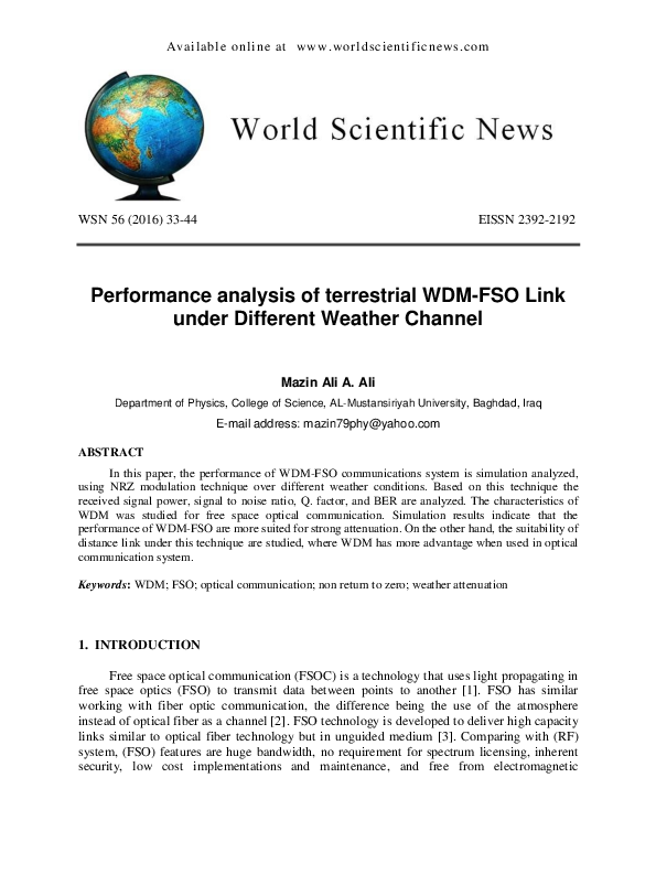 (PDF) Performance analysis of terrestrial WDM-FSO Link under Different Weather Channel