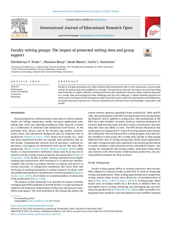 (PDF) Faculty writing groups: The impact of protected writing time and ...
