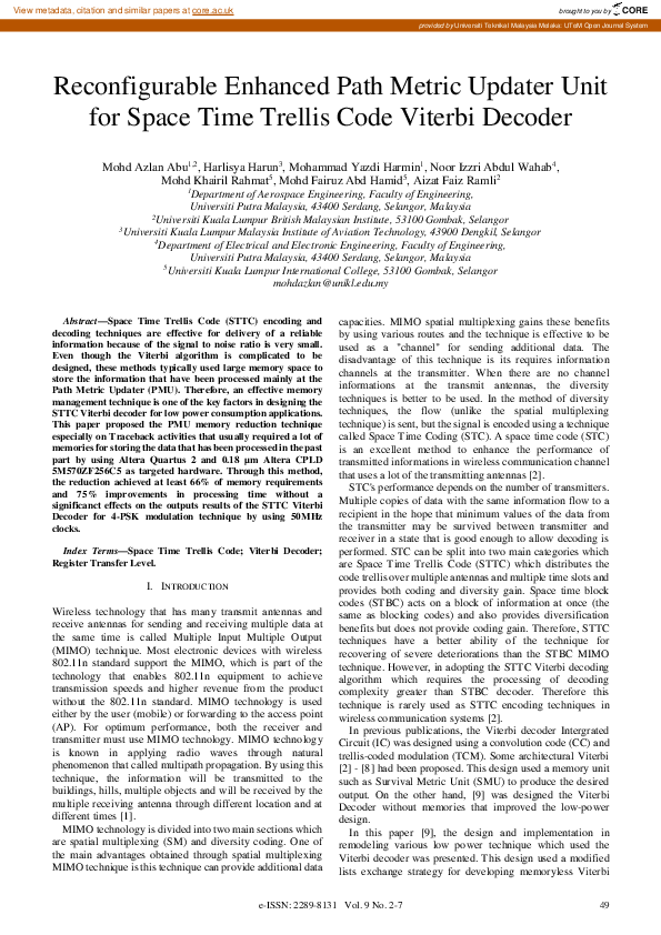 Pdf Reconfigurable Enhanced Path Metric Updater Unit For Space Time Trellis Code Viterbi Decoder