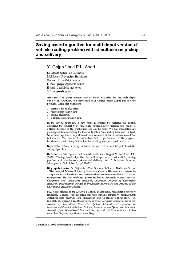 (PDF) Saving based algorithm for multi-depot version of vehicle routing problem with ...