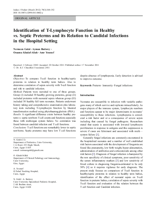 (PDF) Identification of T-Lymphocyte Function in Healthy vs. Septic ...
