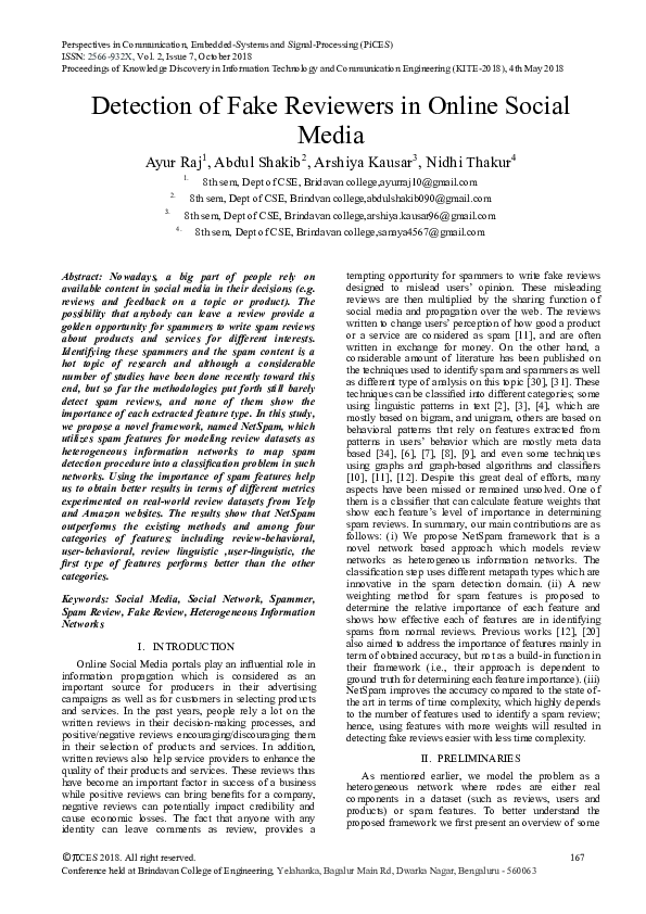 (PDF) Detection of Fake Reviewers in Online Social Media