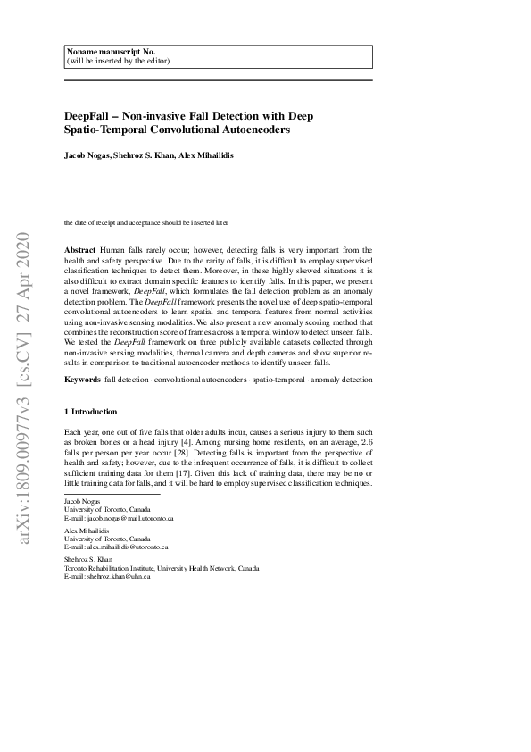(PDF) DeepFall: Non-Invasive Fall Detection with Deep Spatio-Temporal Convolutional Autoencoders