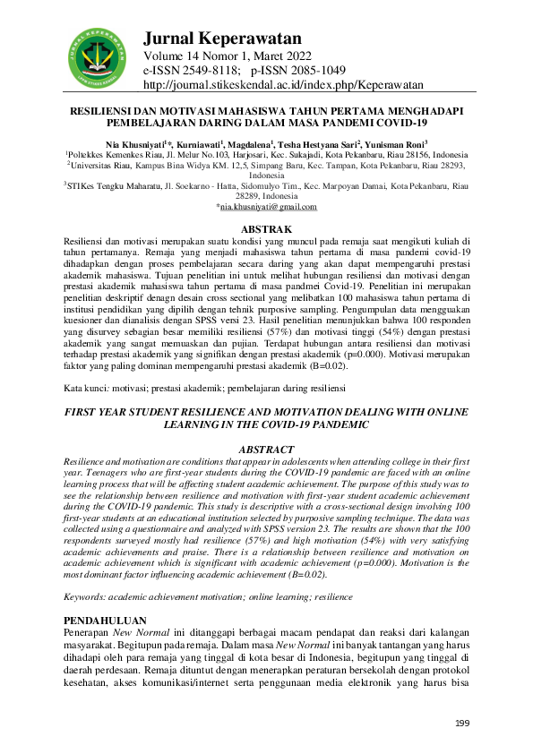 (PDF) Resiliensi dan Motivasi Mahasiswa Tahun Pertama Menghadapi Pembelajaran Daring dalam Masa ...