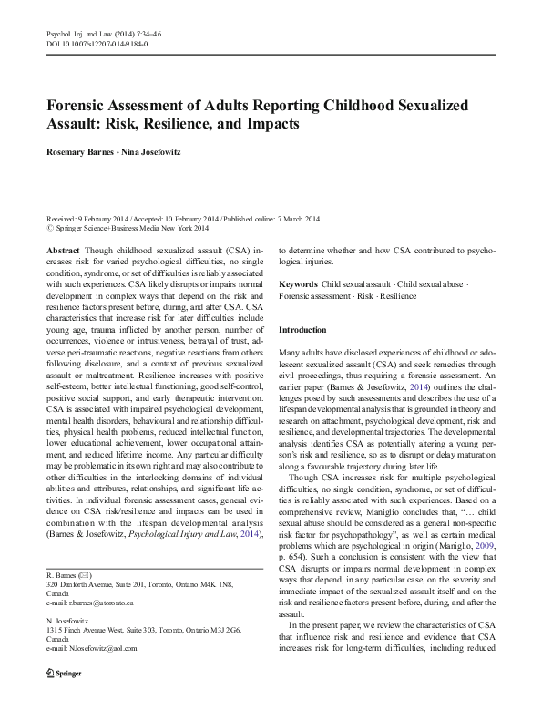 (PDF) Forensic Assessment of Adults Reporting Childhood Sexualized ...