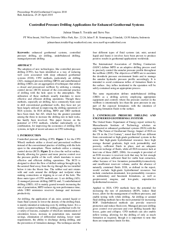 (PDF) Controlled Pressure Drilling Applications for Enhanced Geothermal Systems