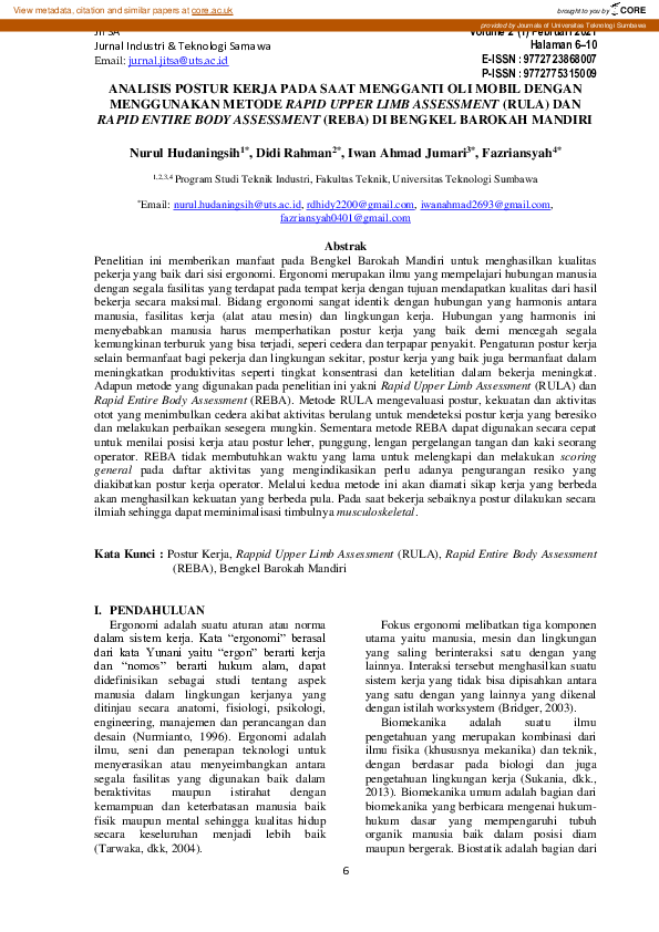 (PDF) Analisis Postur Kerja Pada Saat Mengganti Oli Mobil Dengan ...