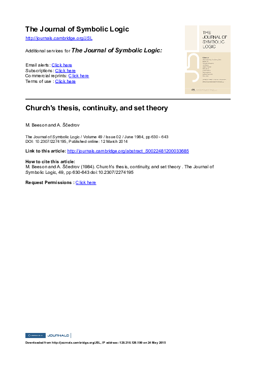 (PDF) Church's thesis, continuity, and set theory
