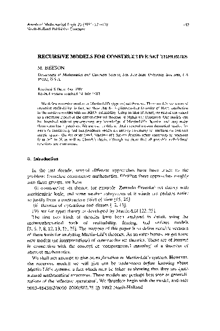(PDF) Recursive models for constructive set theories | Michael Beeson - Academia.edu