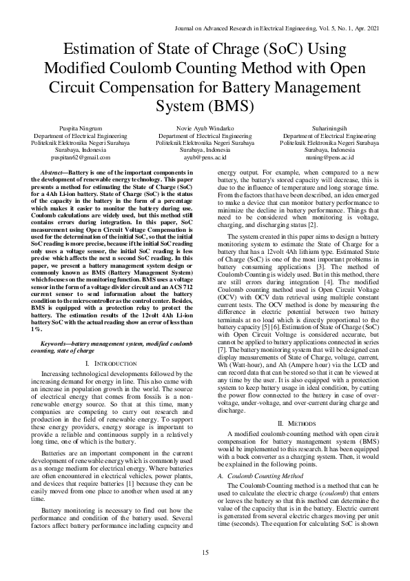 Pdf Estimation Of State Of Charge Soc Using Modified Coulomb Counting Method With Open