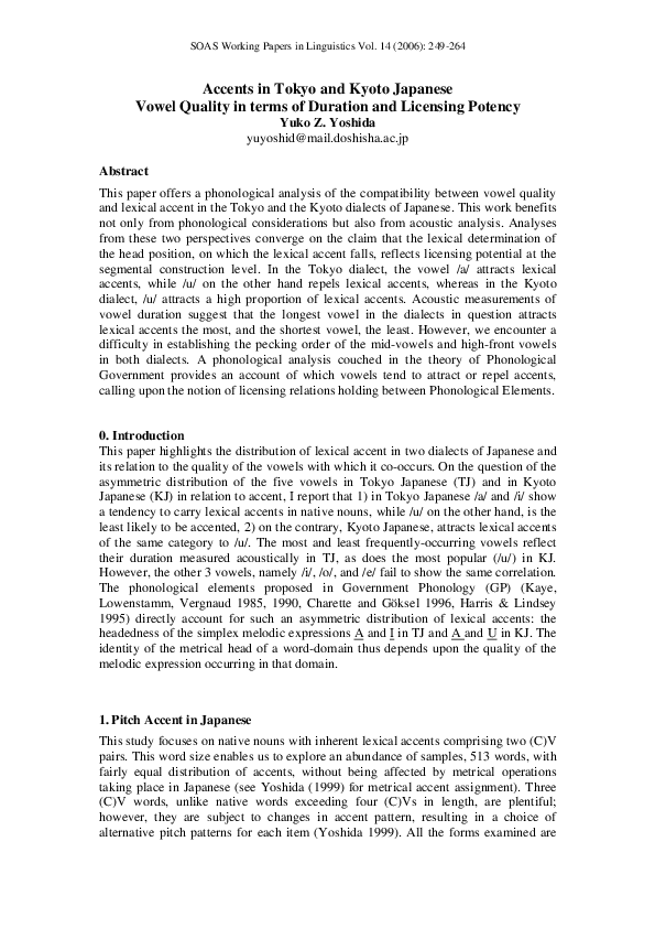 (PDF) Accents in Tokyo and Kyoto Japanese vowel quality in terms of ...