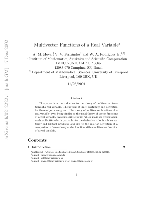 Pdf Multivector Functions Of A Real Variable Antonio Manuel Moya
