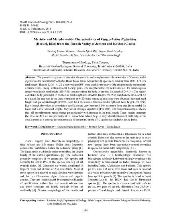 (PDF) Meristic and Morphometric Characteristics of Crossocheilus diplochilus (Heckel, 1838) from ...
