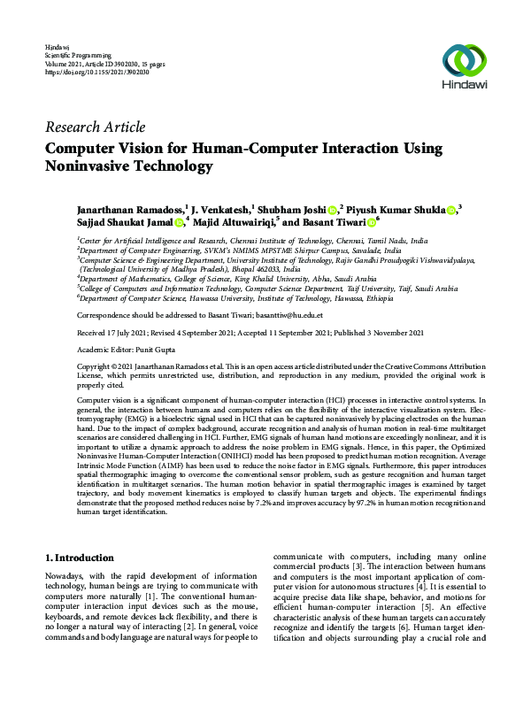 (PDF) Computer Vision for Human-Computer Interaction Using Noninvasive Technology