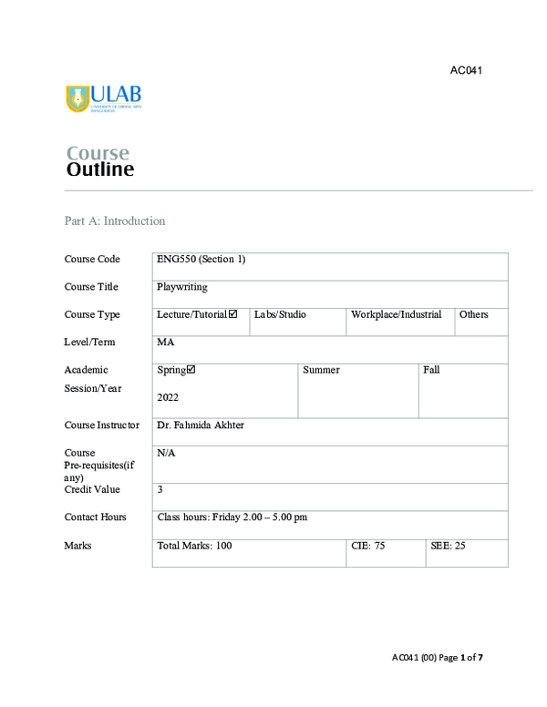 (PDF) Course Layout: Playwriting (ENG550 1) Spring 2022