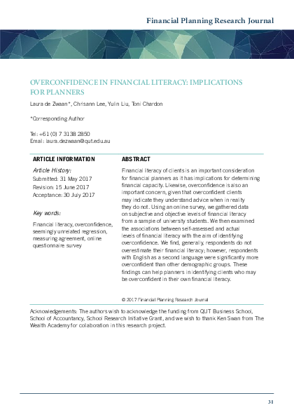 (PDF) Overconfidence in financial literacy: Implications for planners