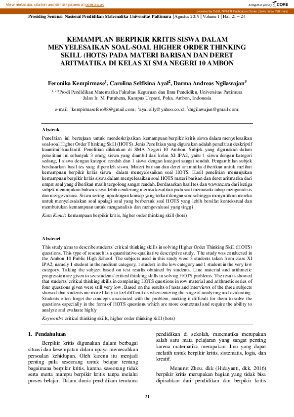 (PDF) Kemampuan Berpikir Kritis Siswa Dalam Menyelesaikan Soal-Soal Higher Order Thinking Skill ...