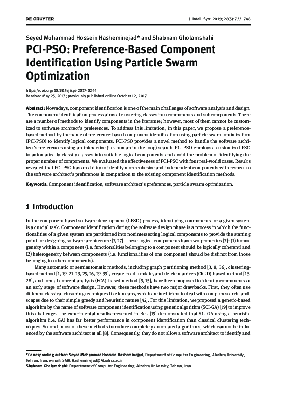 (PDF) PCI-PSO: Preference-Based Component Identification Using Particle Swarm Optimization