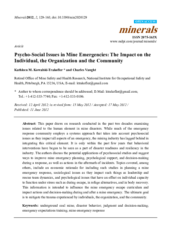 (PDF) Psycho-Social Issues in Mine Emergencies: The Impact on the ...