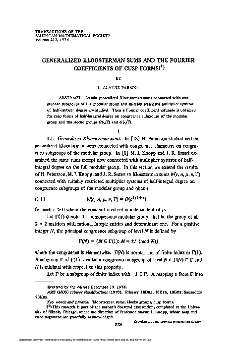 Pdf Generalized Kloosterman Sums And The Fourier Coefficients Of Cusp Forms