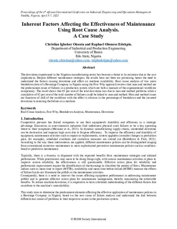 (PDF) Inherent Factors Affecting the Effectiveness of Maintenance Using ...