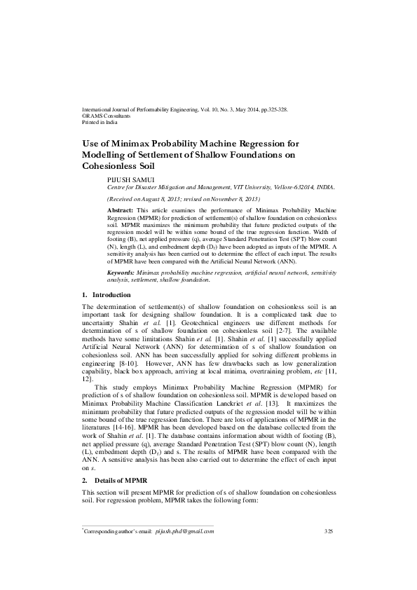 (PDF) Use of Minimax Probability Machine Regression for Modelling of Settlement of Shallow ...