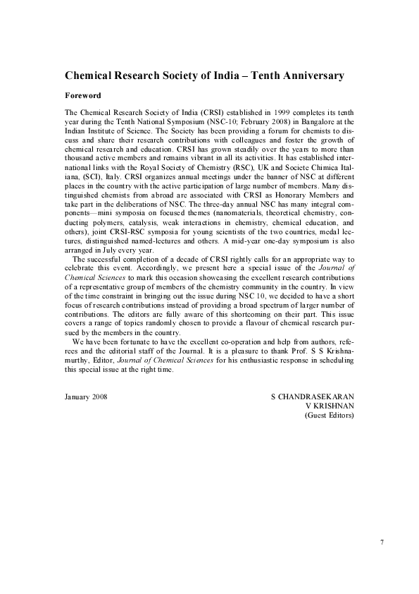 (PDF) Chemical Research Society of India — Tenth Anniversary | Srinivasan Chandrasekaran ...
