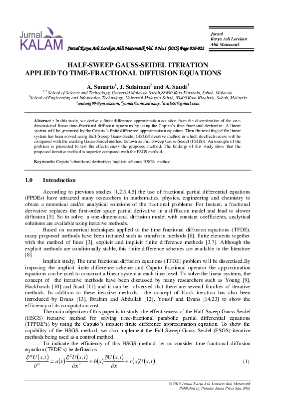Pdf Half Sweep Gauss Seidel Iteration Applied To Time Fractional Diffusion Equations