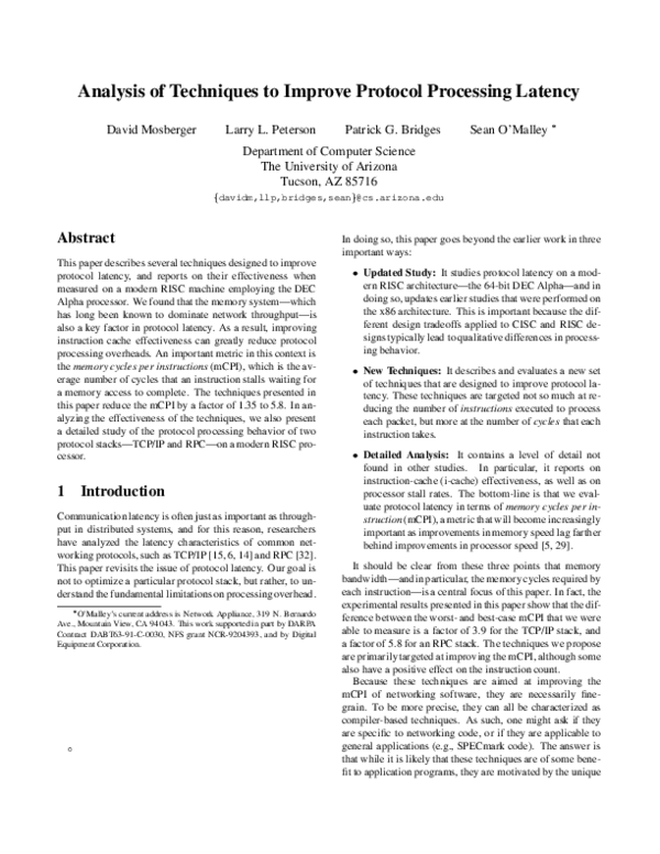 (PDF) Analysis of techniques to improve protocol processing latency