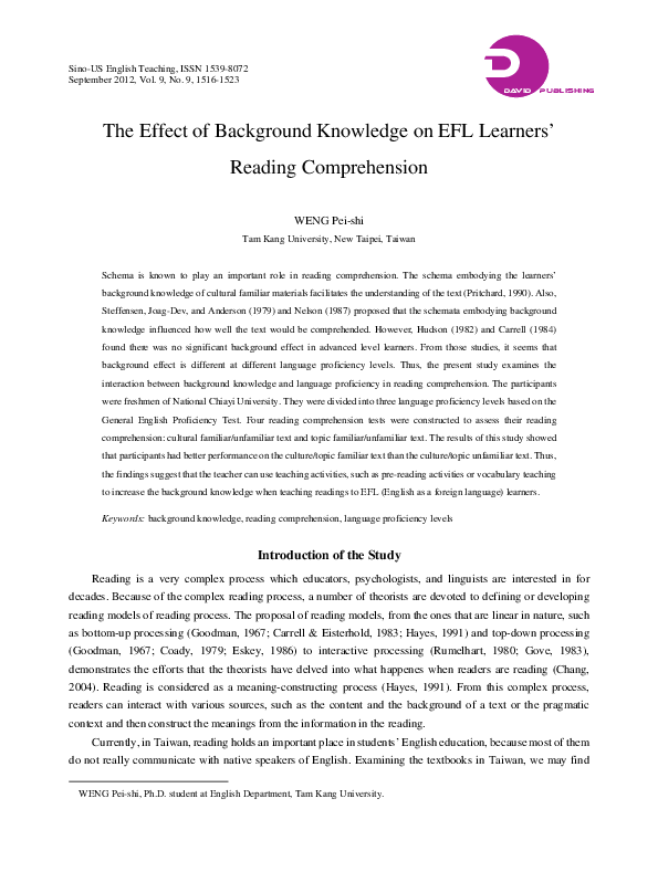 (PDF) The Effect of Background Knowledge on EFL Learners' Reading ...