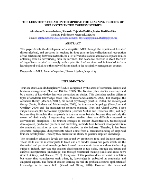 (PDF) The Leontief´s Equation to Improve the Learning Process of MRP ...