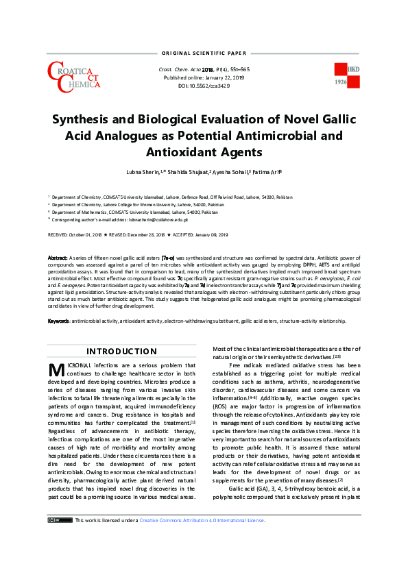 (PDF) Synthesis and Biological Evaluation of Novel Gallic Acid Analogues as Potential ...