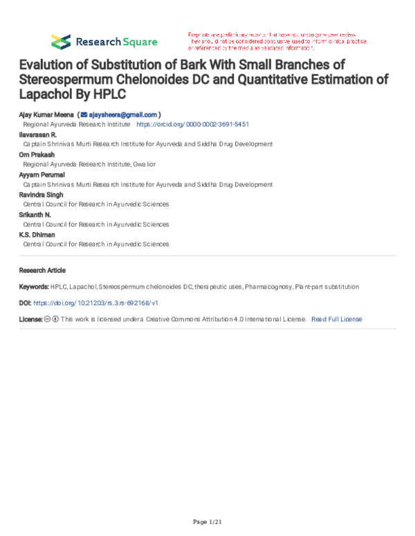 (PDF) Evalution of Substitution of Bark With Small Branches of Stereospermum Chelonoides DC and ...