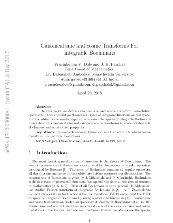 (PDF) Canonical sine and cosine Transforms For Integrable Boehmians