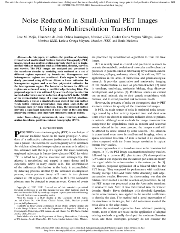 (PDF) Noise Reduction in Small-Animal PET Images Using a Multiresolution Transform