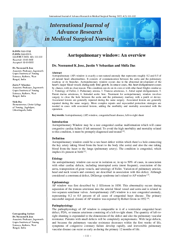 (PDF) Aortopulmonary window: An overview