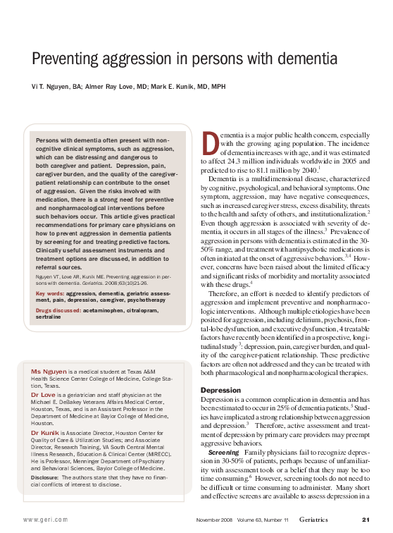 (PDF) Preventing aggression in persons with dementia | Ray Love ...