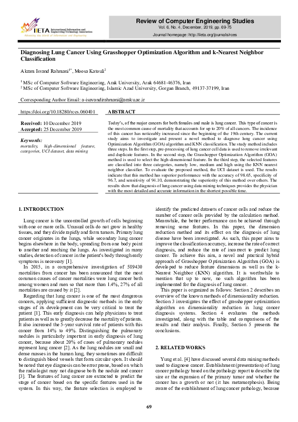 Pdf Diagnosing Lung Cancer Using Grasshopper Optimization Algorithm And K Nearest Neighbor