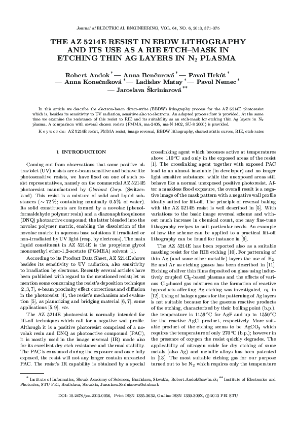 (PDF) The AZ 5214E Resist in EBDW Lithography and its Use as a RIE Etch–Mask in Etching Thin Ag ...