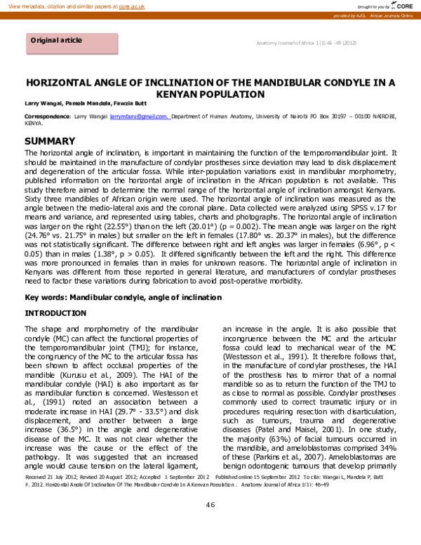 (PDF) Horizontal angle of inclination of the Mandibular condyle in a ...