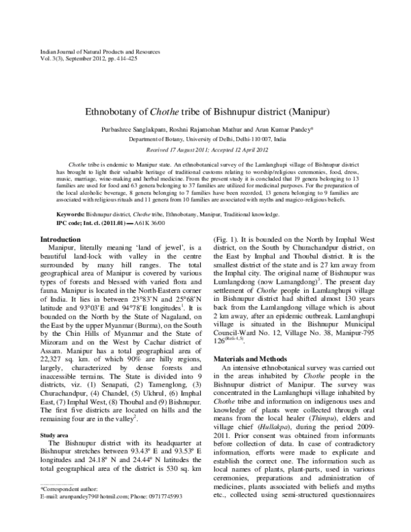 (PDF) Ethnobotany of Chothe tribe of Bishnupur district (Manipur)