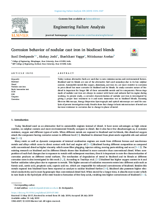 (PDF) Corrosion behavior of nodular cast iron in biodiesel blends