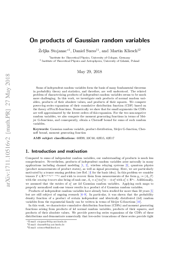 (PDF) On products of Gaussian random variables