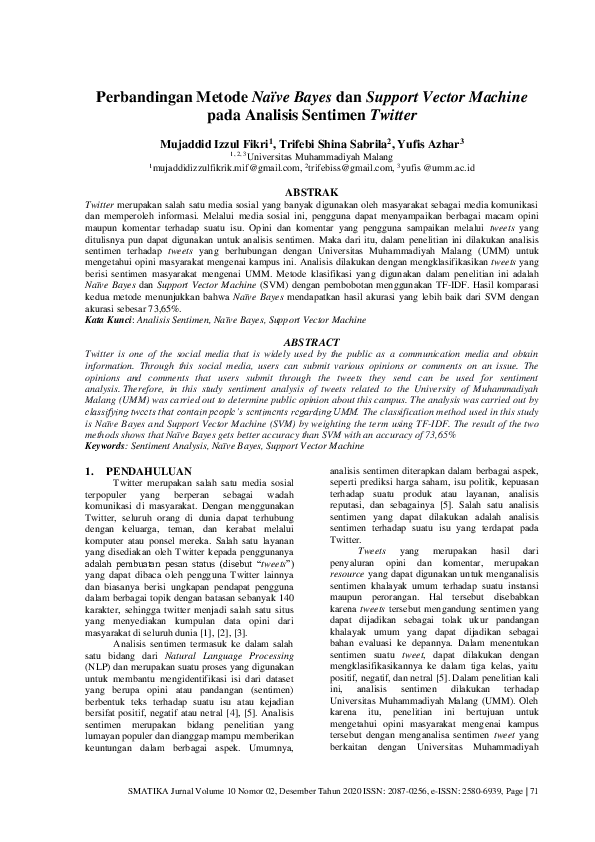 (PDF) Perbandingan Metode Naïve Bayes dan Support Vector Machine pada Analisis Sentimen Twitter