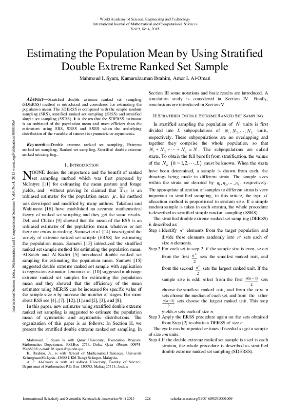 (PDF) Estimating The Population Mean By Using Stratified Double Extreme Ranked Set Sample